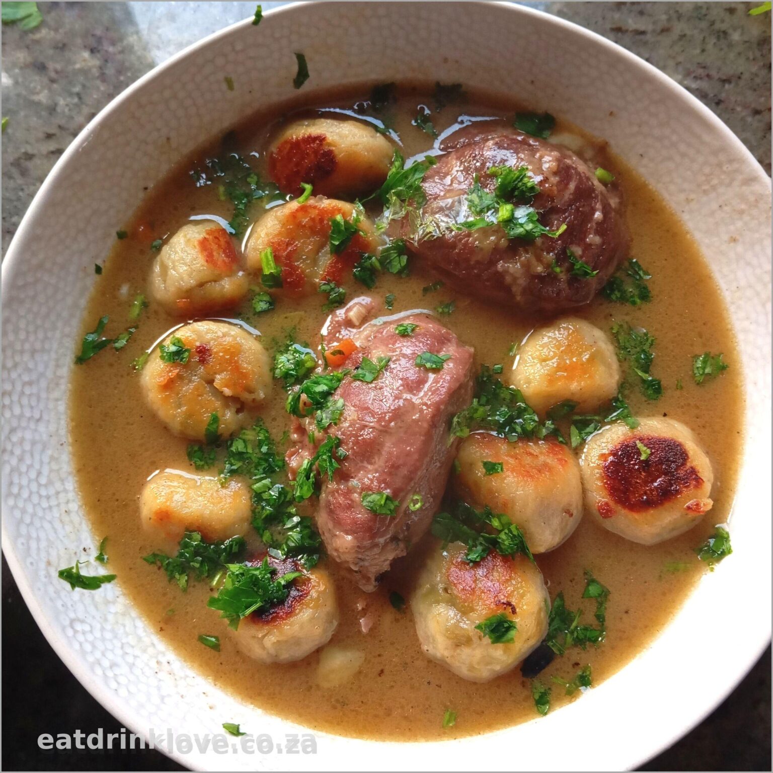 Braised Pork Cheeks in White Port Jus with Crispy Twice-Cooked Gnocchi ...
